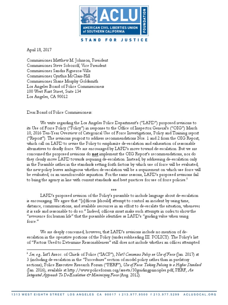 ACLU Letter Re LAPD Deescalation Policy April 2017 | PDF | Los Angeles ...