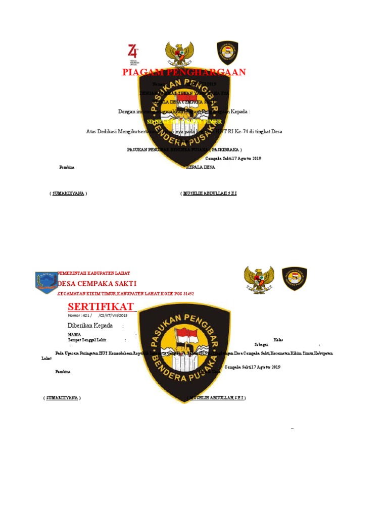 Piagam Penghargaan Paskibra 2019 | PDF