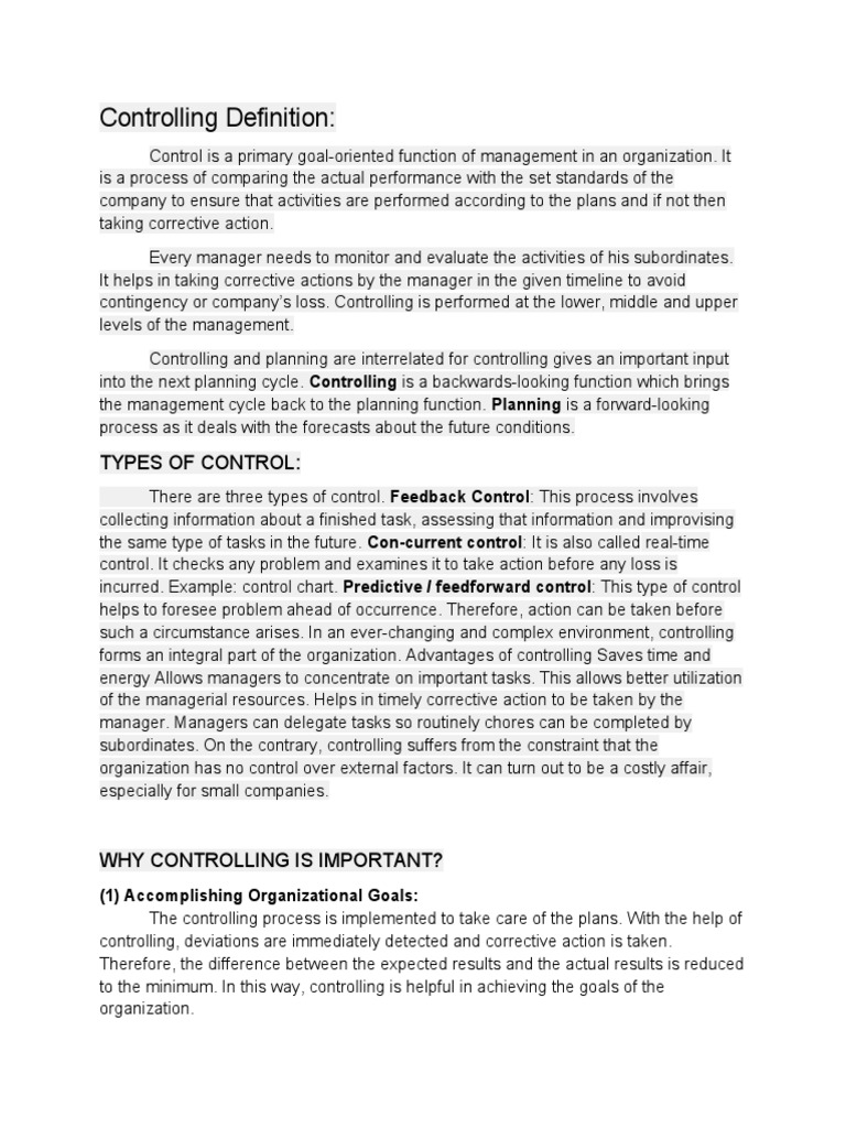 Controlling Definition:: Types of Control | PDF | Goal | Inventory