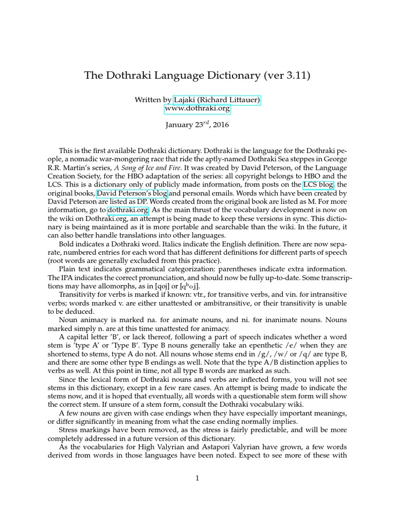 The Dothraki Language Dictionary (Ver 3.11) : Written by Lajaki ...