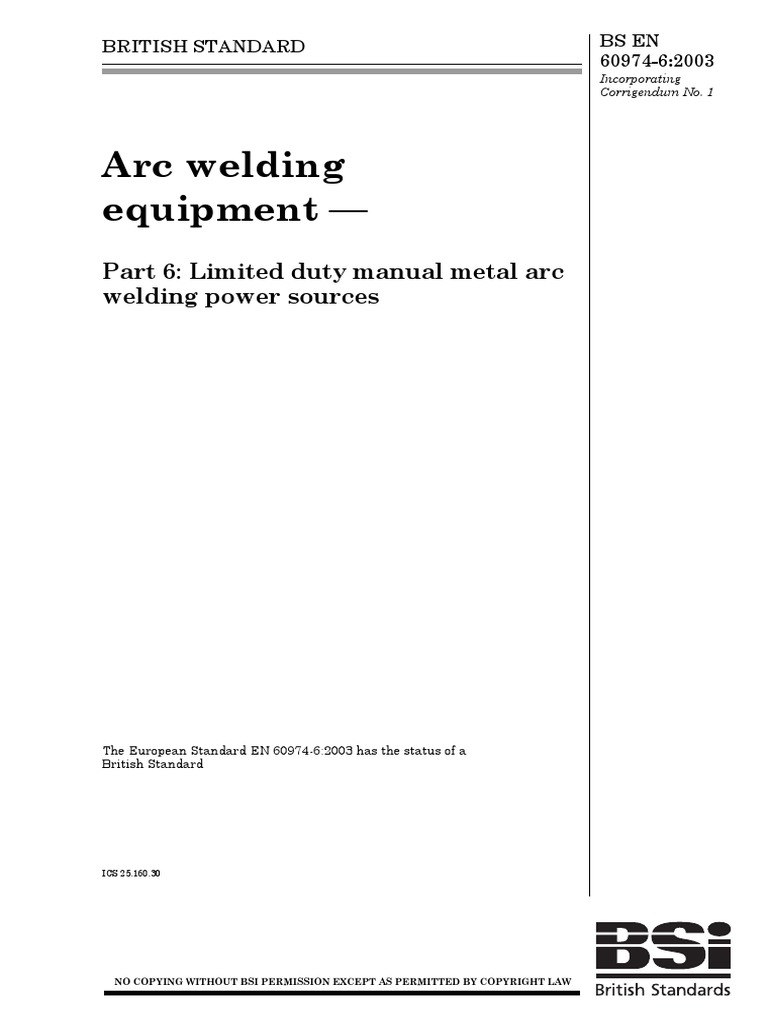 BS en 60974-6-2003 (2005) | PDF | Welding | Construction