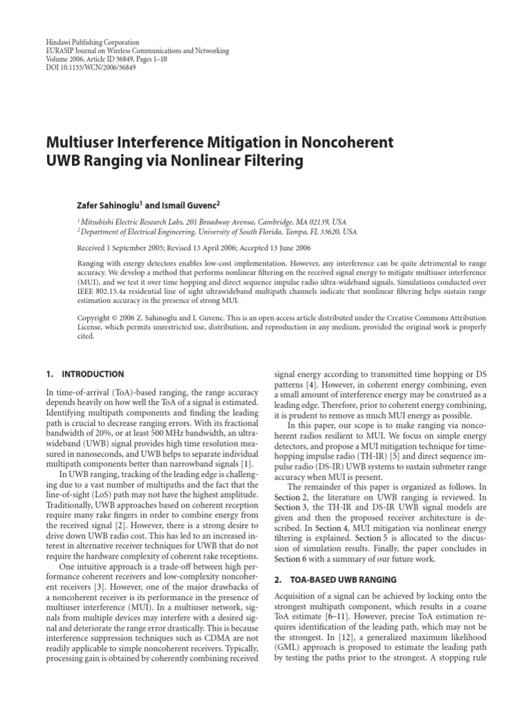 Multiuser Interference Mitigation In Noncoherent Uwb Ranging Via Nonlinear Filtering Pdf