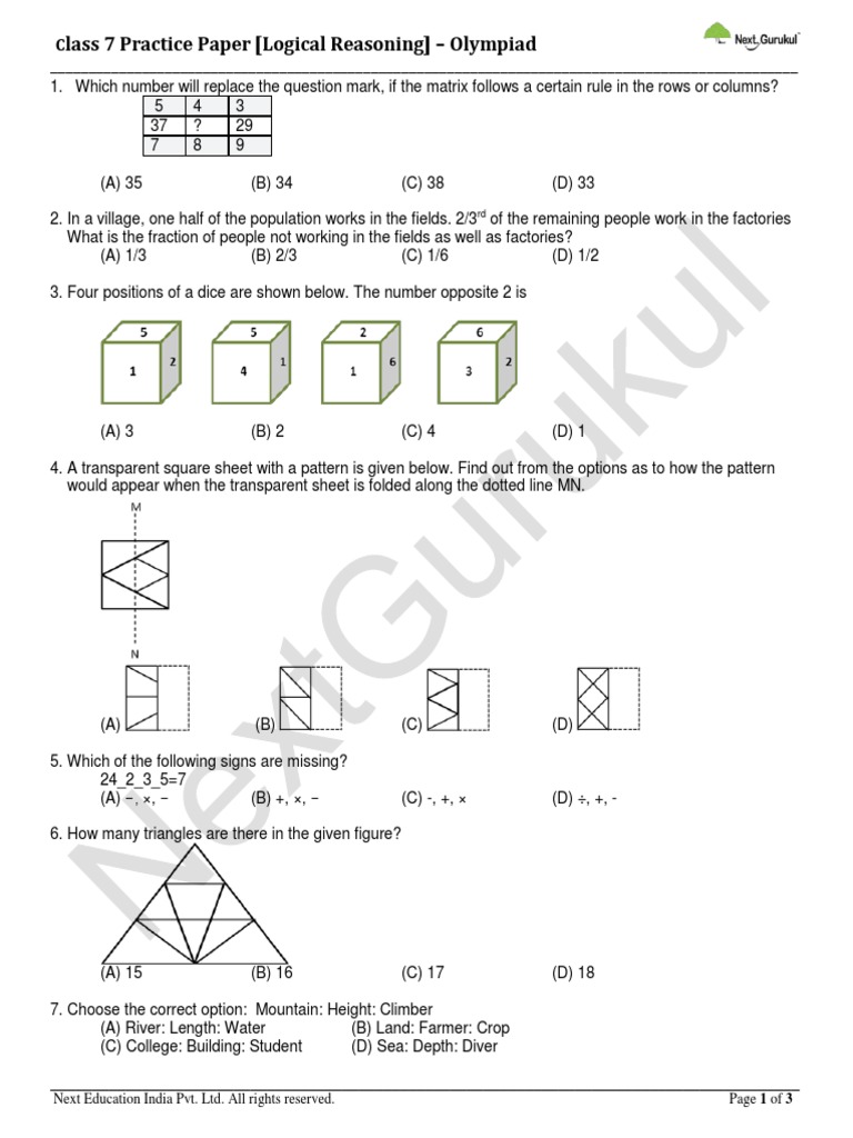 Class 7 Maths Olympiad Logical Reasoning Practice Papers | PDF ...