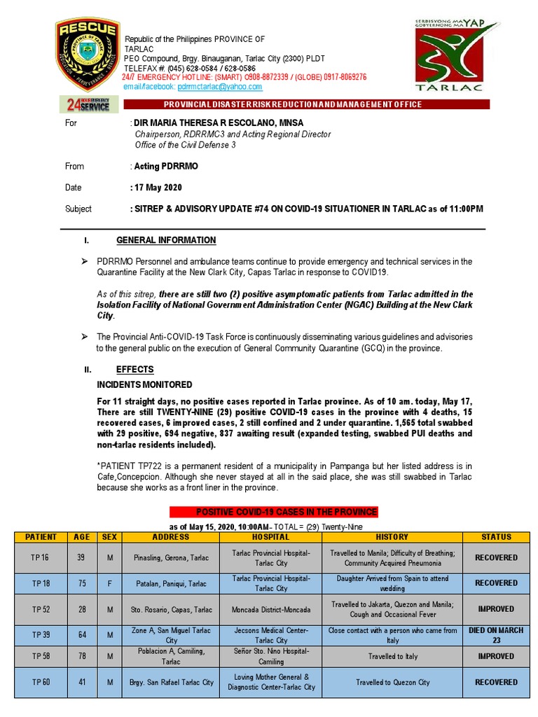 Sitrep & Advisory Update #74 On Covid-19 - Ocdr3 | PDF | Medicine ...
