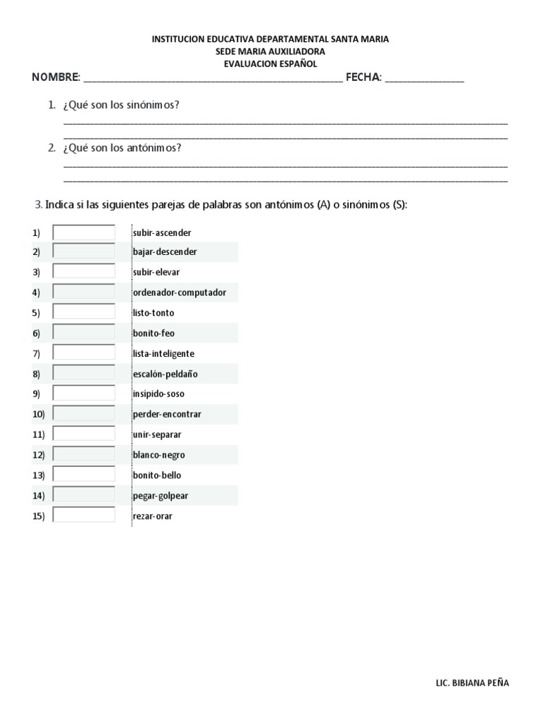 Evaluación de Sinónimos y Antónimos | PDF