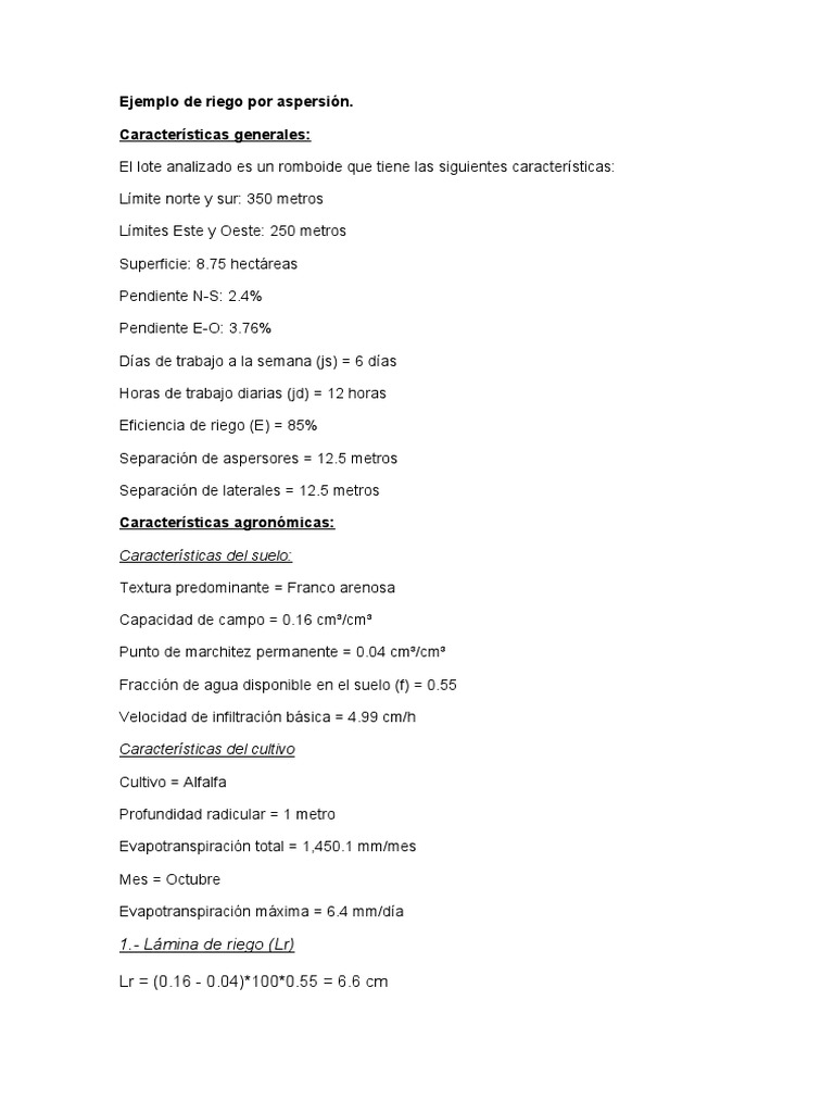 Ejemplo de Riego Por Aspersión | PDF | Riego | Hidráulica