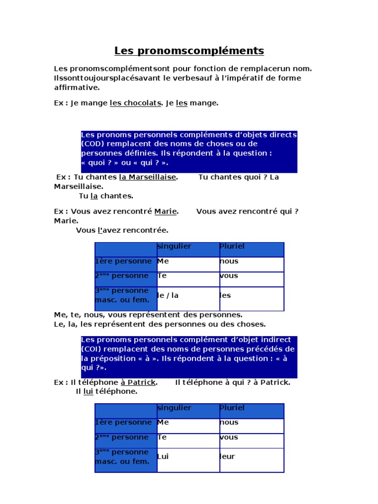 Les Pronoms Compléments | PDF | Pronom | Complément d'objet