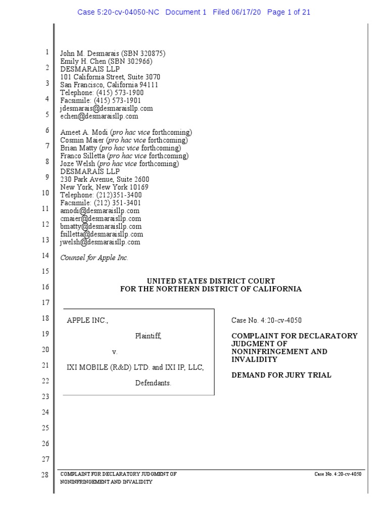 Apple vs. IXI Mobile Patent Dispute | PDF | Reexamination | Declaratory ...