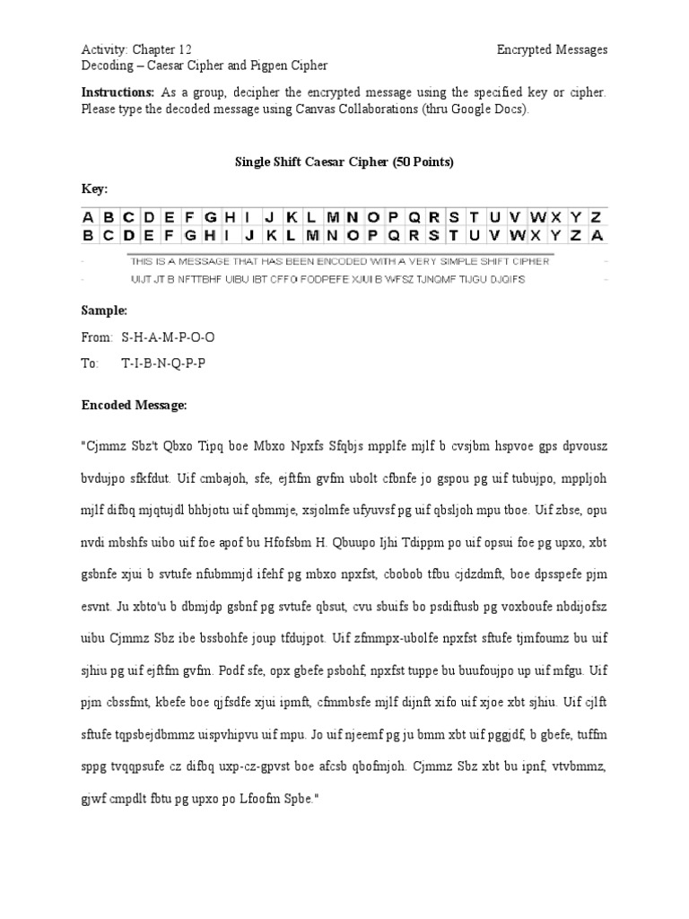 Instructions: As A Group, Decipher The Encrypted Message Using The ...