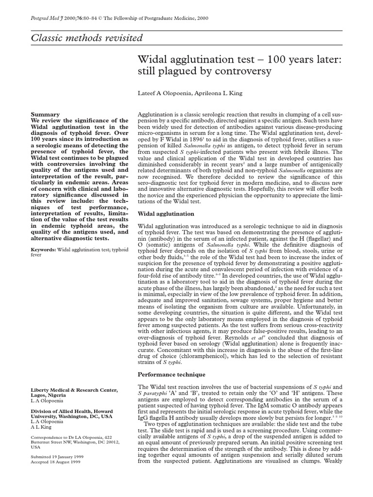 Widal Agglutination Test PDF | PDF | Serotype | Infection