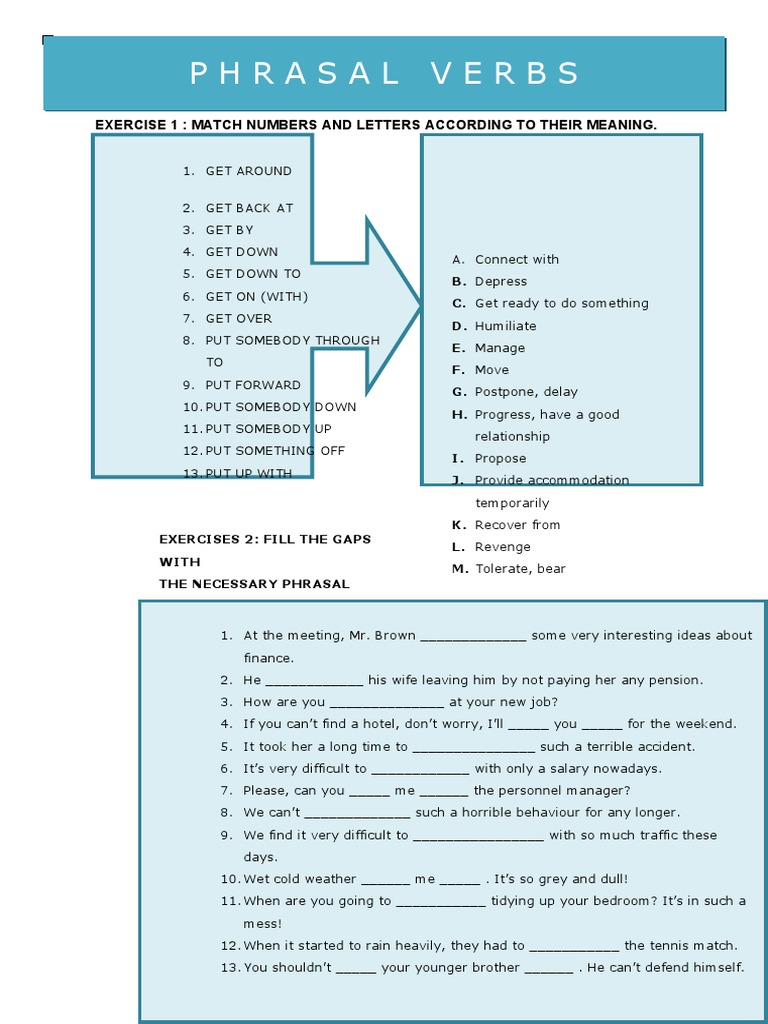 Phrasal Verbs: Exercise 1: Match Numbers and Letters According To Their ...