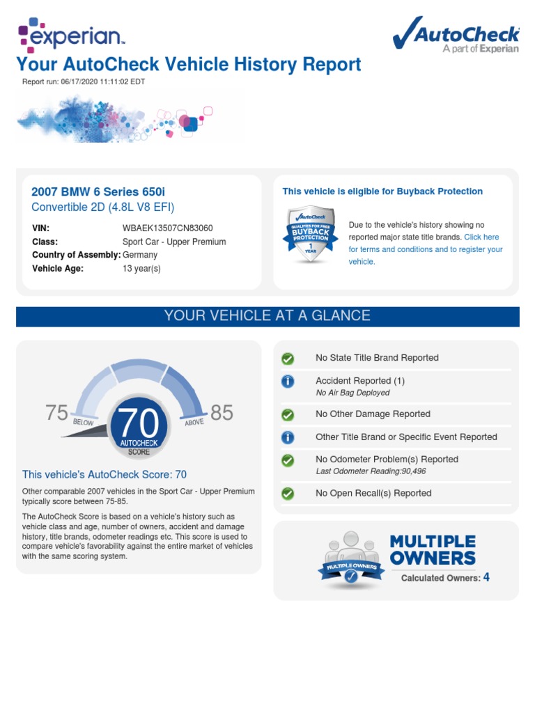 Your Autocheck Vehicle History Report | PDF | Used Car | Department Of ...