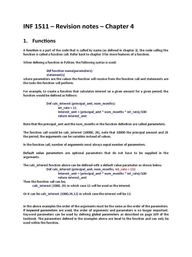 Inf1511 Chapter 4 Functions And Modules Pdf Parameter Computer Programming Subroutine