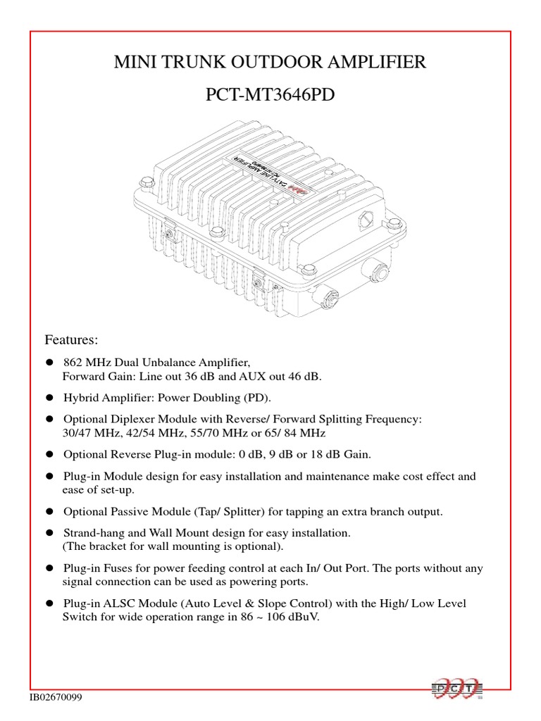 Mini Trunk Outdoor Amplifier PCT-MT3646PD: Features | PDF ...