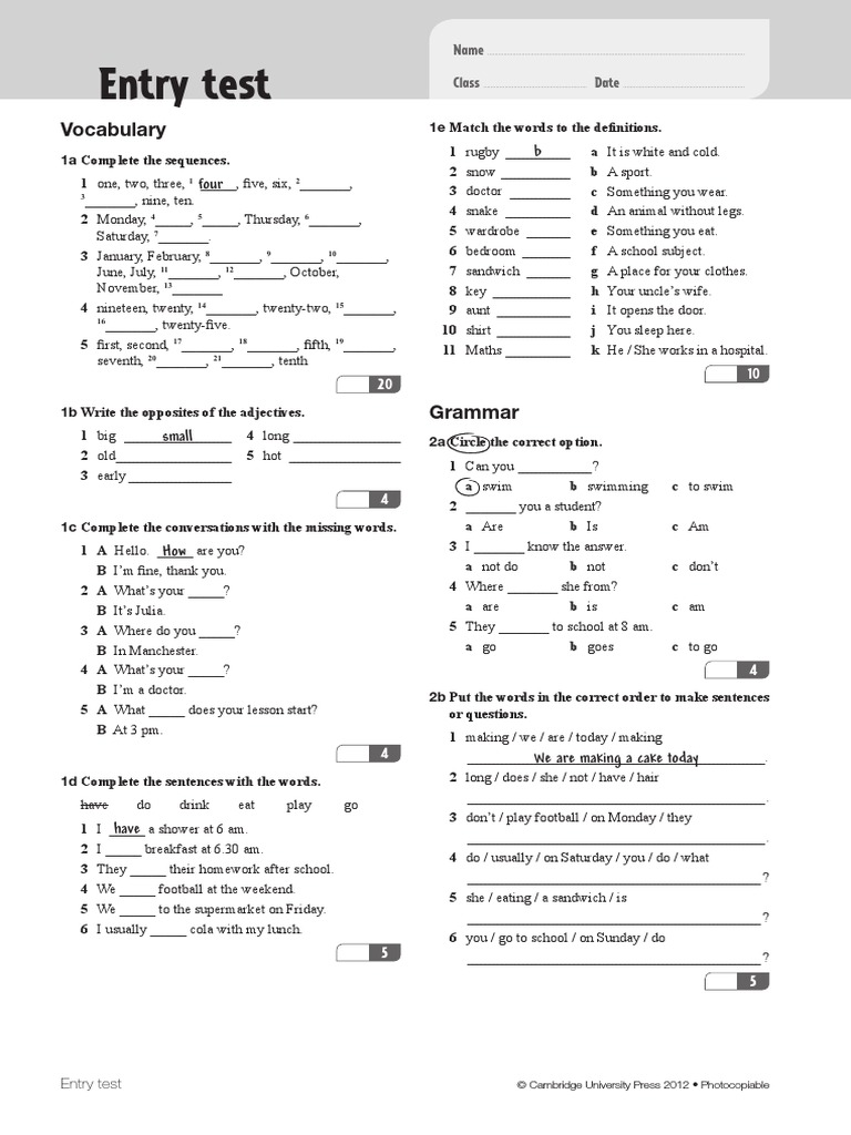 Entry Test: Vocabulary | PDF | Verb | Sentence (Linguistics)