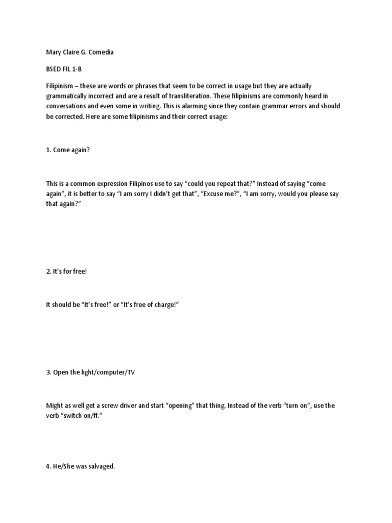 Filipinism - Common Grammar Errors in Philippine English | PDF | Human ...