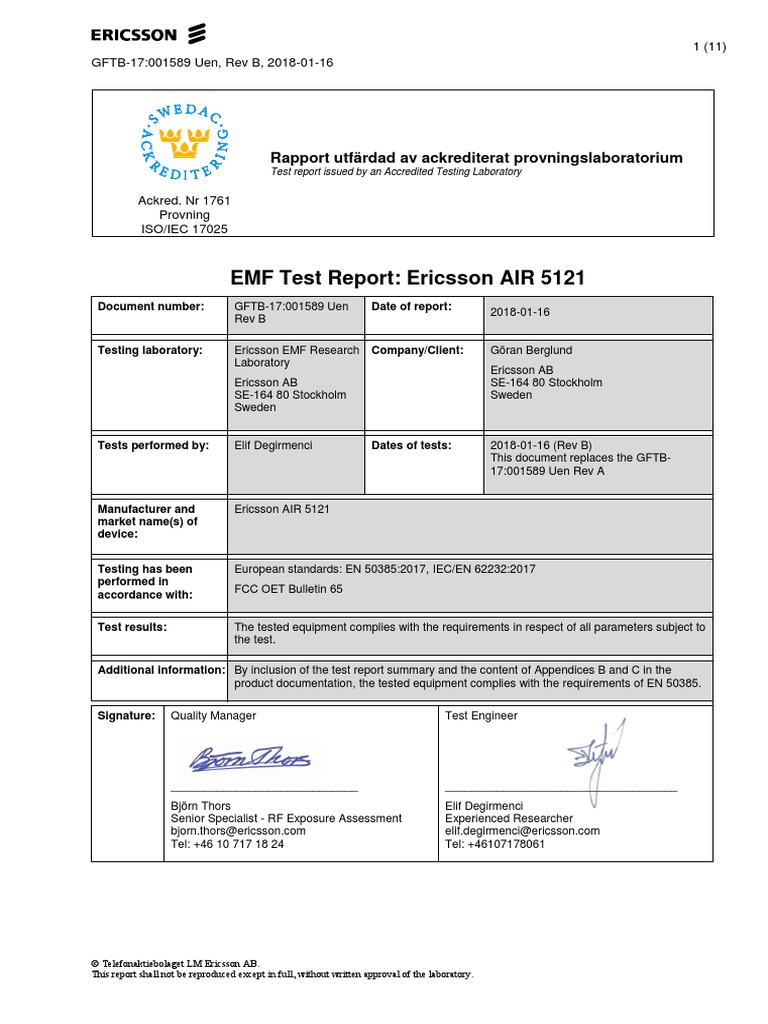 EMF Test Report: Ericsson AIR 5121: Rapport Utfärdad Av Ackrediterat ...
