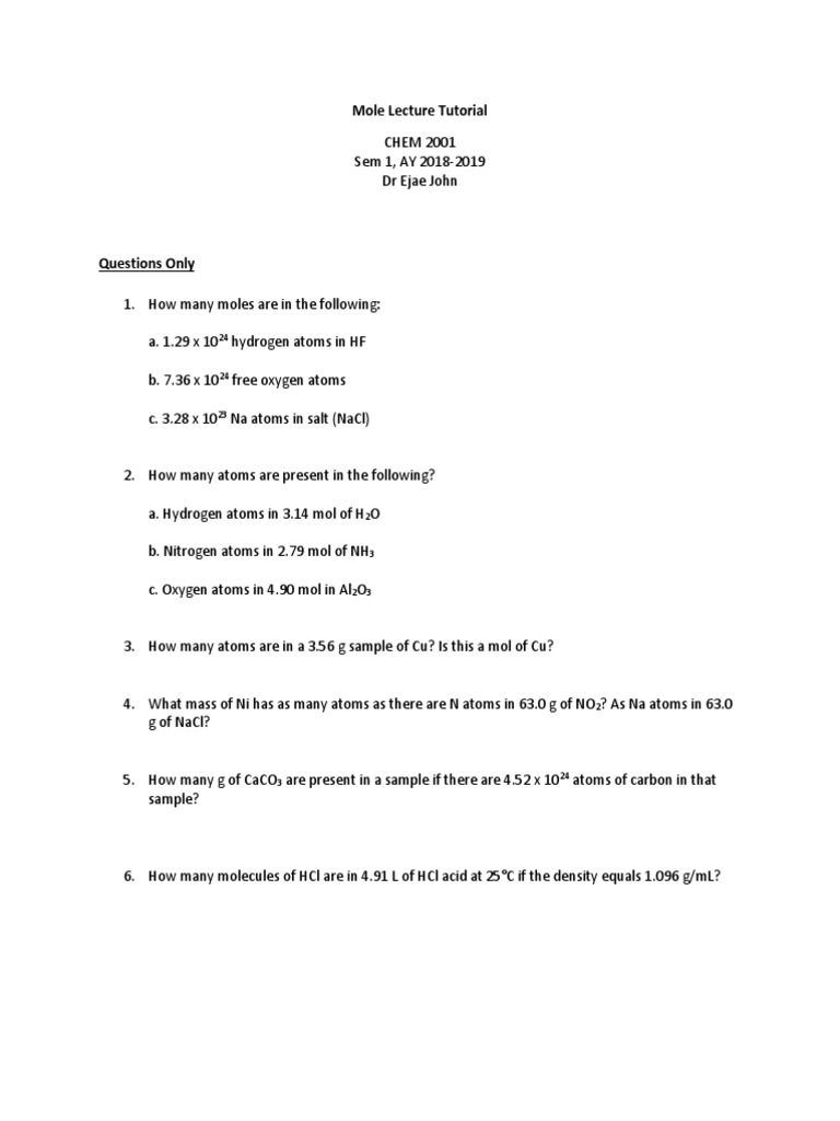 Mole Lecture Tutorial - 1536082279 PDF | PDF | Mole (Unit) | Chemical ...