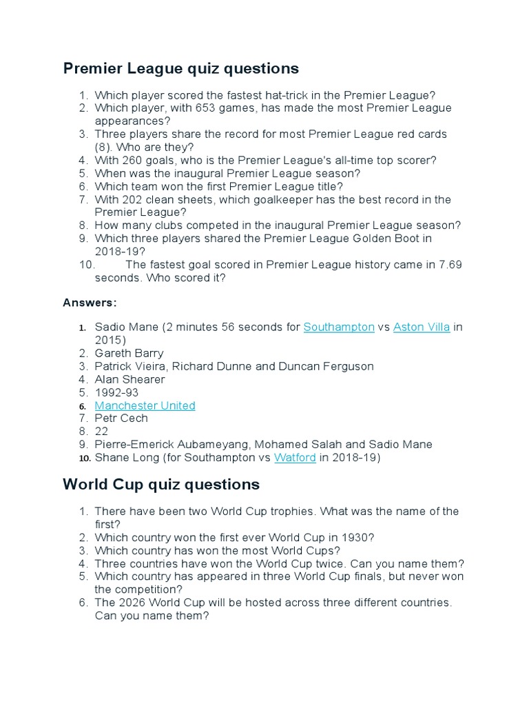 Premier League Quiz Questions: Answers | Download Free PDF | Lionel ...