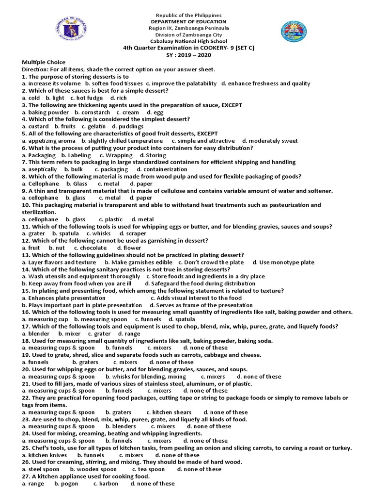 4th Quarter EXAM Cookery-9 | PDF | Custard | Pudding