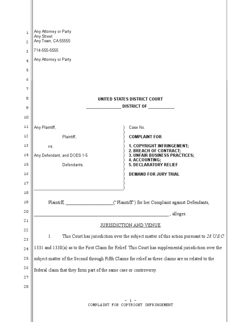 Copyright Infringement Complaint Template | PDF | Declaratory Judgment ...