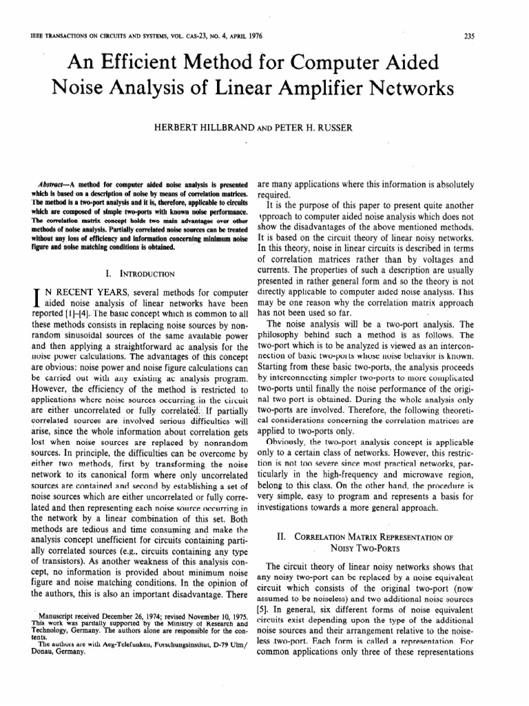 An Efficient Method For Computer Aided Noise Analysis Of Linear Amplifier Networks 5tc Pdf