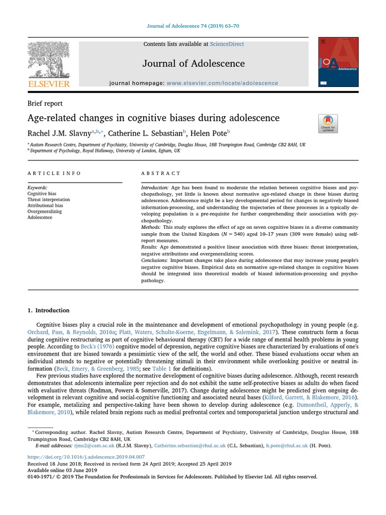 Journal of Adolescence: Rachel J.M. Slavny, Catherine L. Sebastian ...