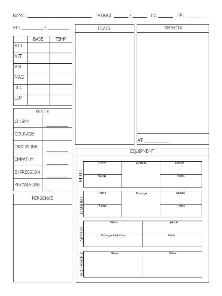 Persona Character Sheet Template | PDF