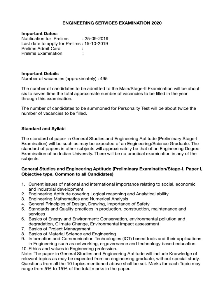 Engineering Services Examination 2020 Important Dates | PDF | Heat ...