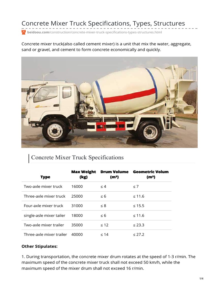 Concrete Mixer Truck Specifications Types Structures PDF | PDF | Truck ...