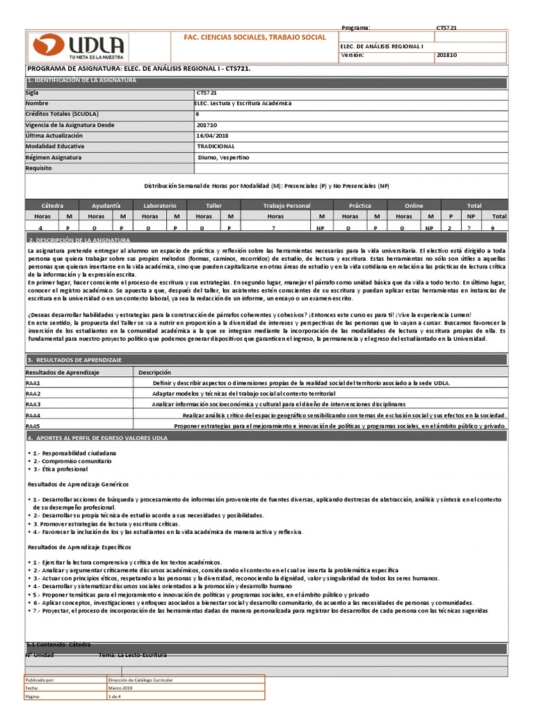 Programa Electivo Escritura y Lectura Acad Mica 1 | PDF | Prueba (evaluación) | Trabajo Social
