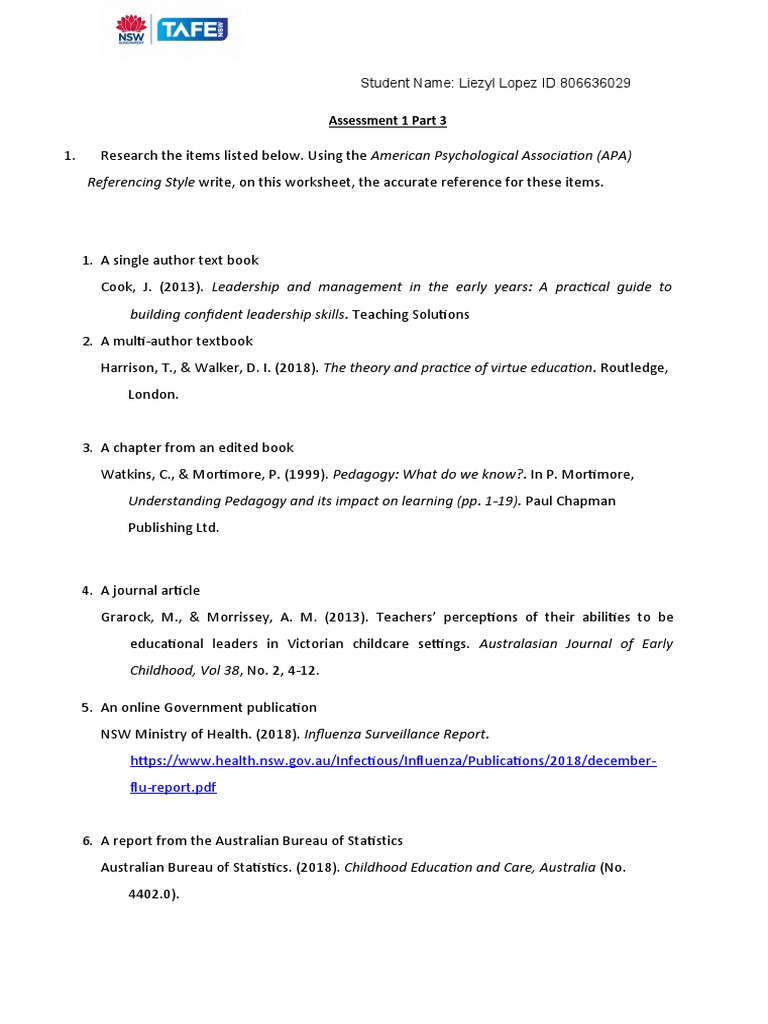 Referencing Worksheet Assessment 1 Part 3 | PDF | Behavior Modification ...