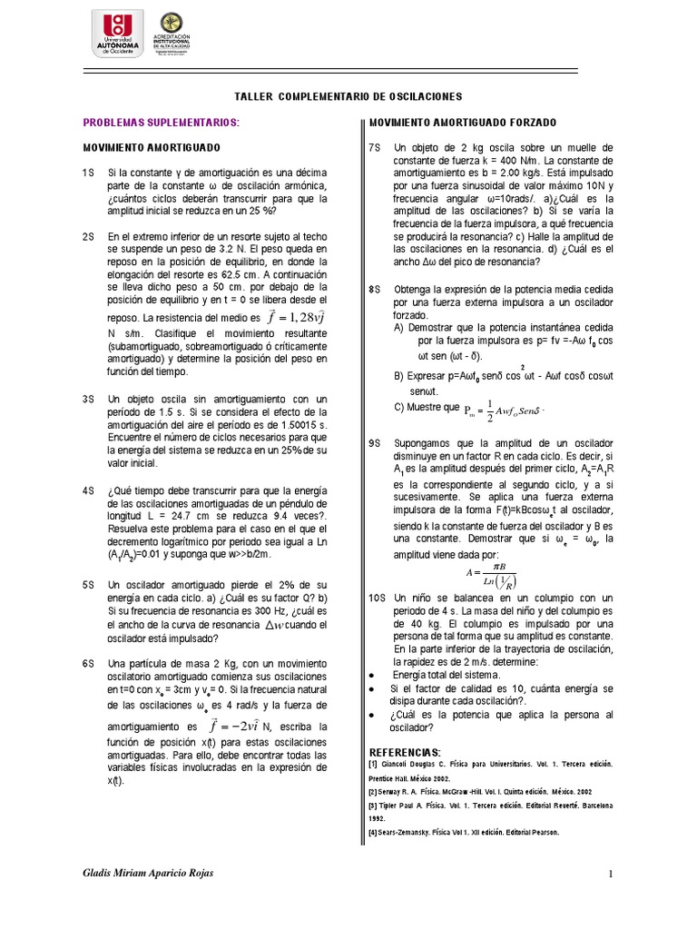 Taller Complementario Oscilaciones | PDF | Oscilación | Cantidades fisicas