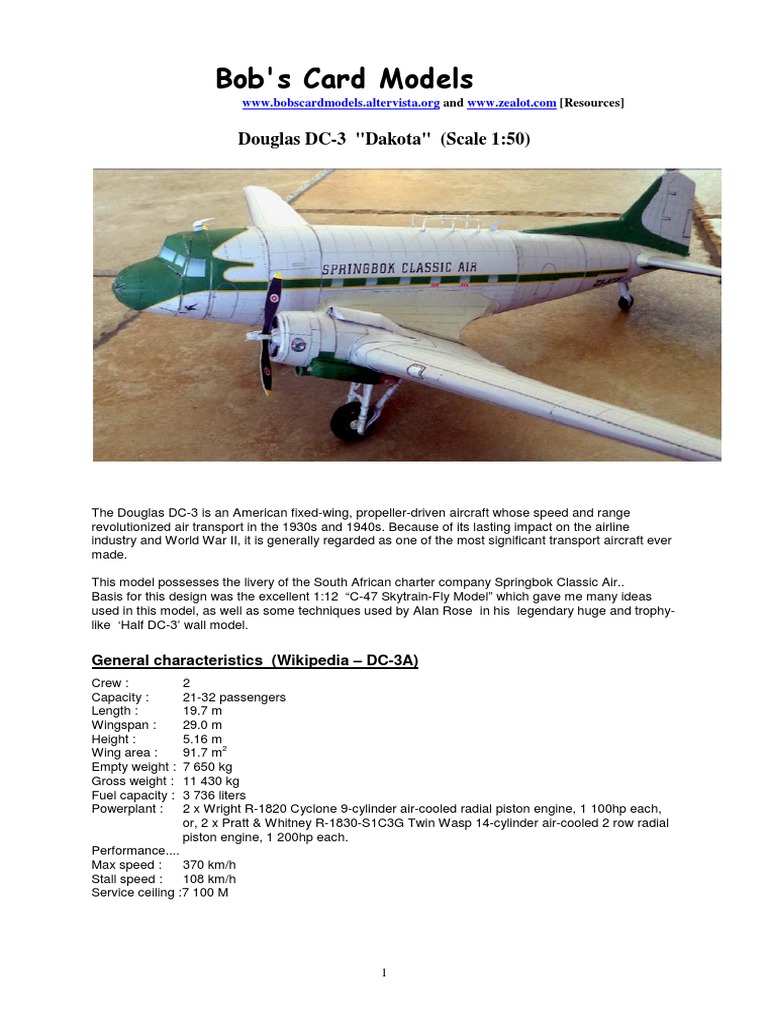 Bob's Card Models: Douglas DC-3 "Dakota" (Scale 1:50) | PDF | Aviation ...