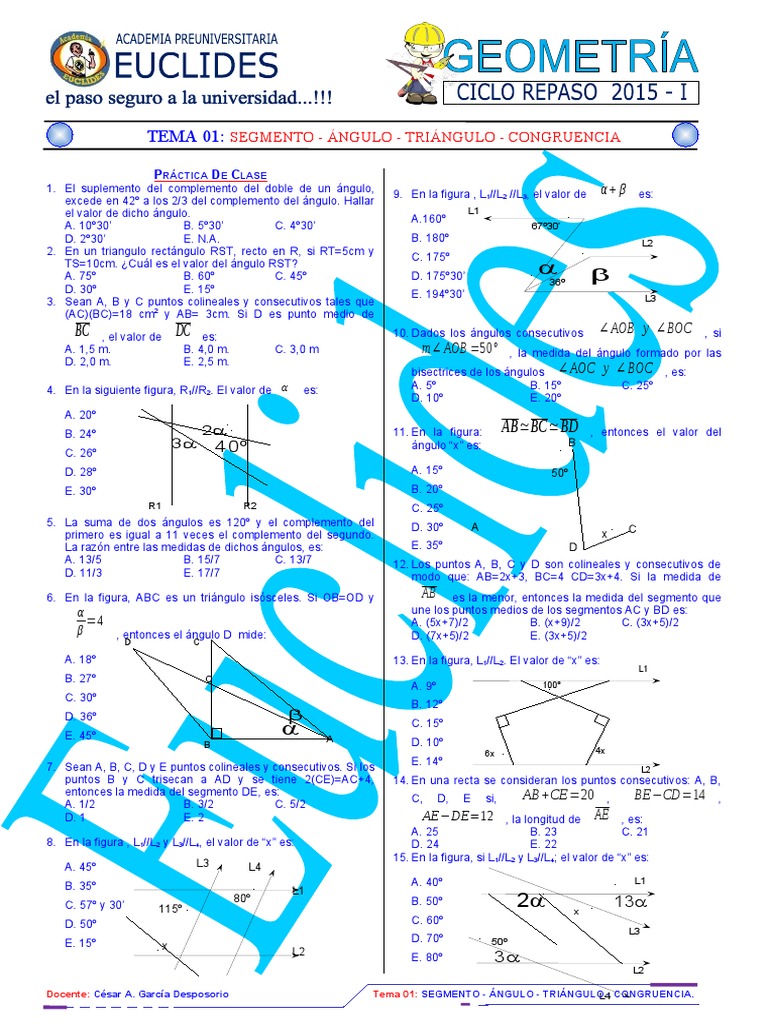 Sem 01 - Segmento - Angulo - Triangulo - Congruencia | PDF | Triángulo | Geometría euclidiana