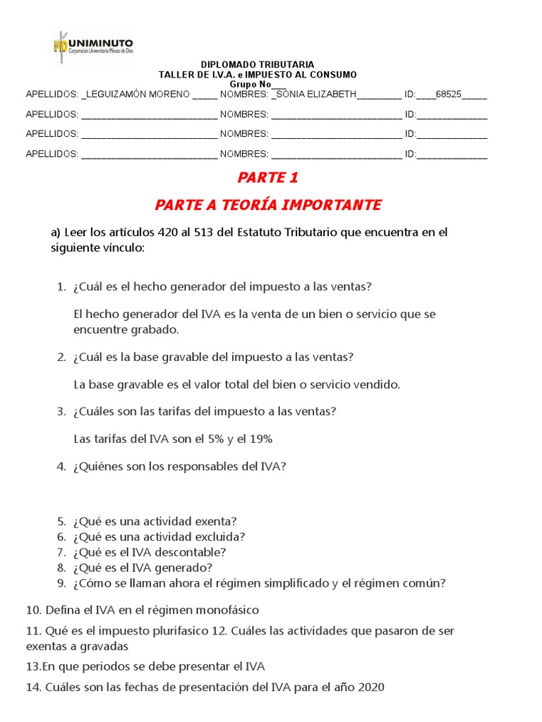 Actividad No 5 PARTE 1 Y 2 CASOS IVA e Impoconsumo, Formulario Est | PDF | Impuesto al valor ...