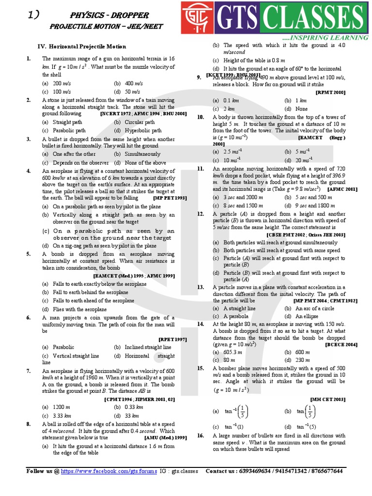 Projectile Motion Questions for JEE/NEET | PDF | Projectiles | Acceleration