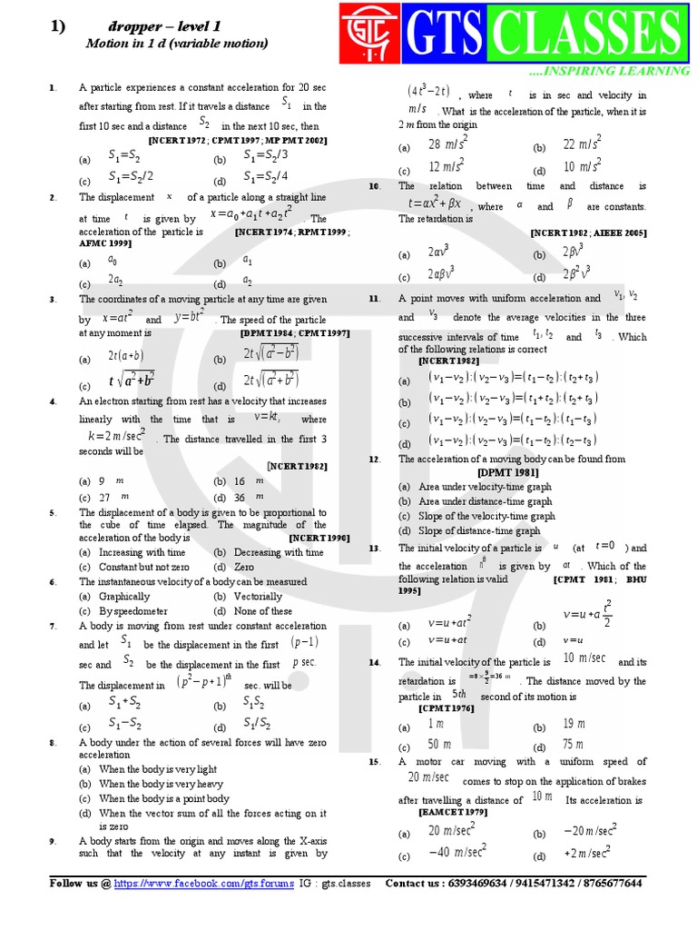 Motion in 1 D Jee Main Level | PDF | Acceleration | Velocity
