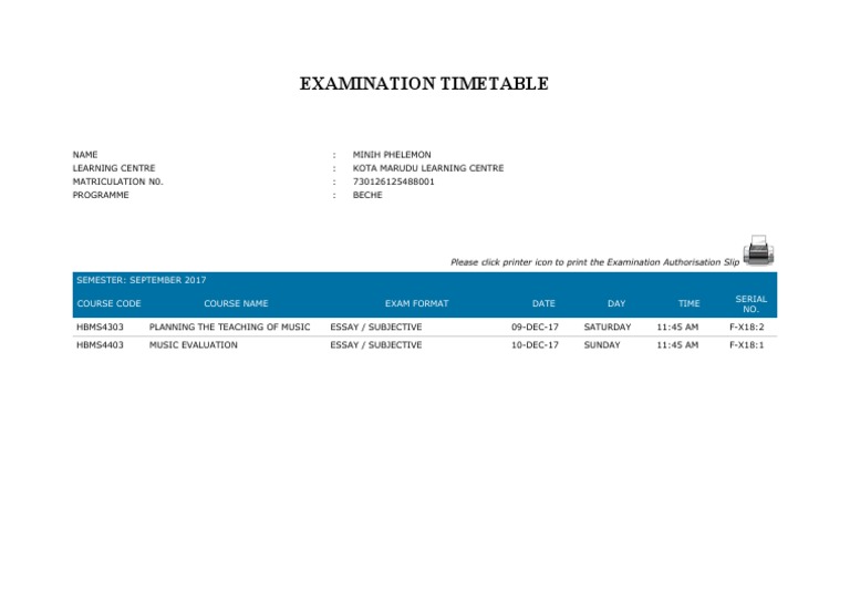 Examination Timetable: Semester: September 2017 Course Code Course Name ...