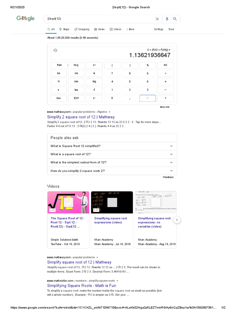Simplify 2 Square Root of 12 - Mathway: People Also Ask | PDF | Square ...