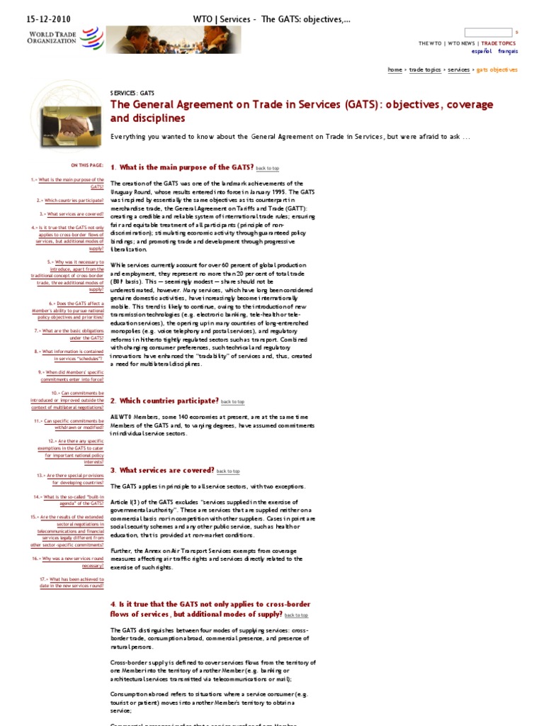 WTO - Services - The GATS - Objectives, Coverage and Disciplines | PDF ...