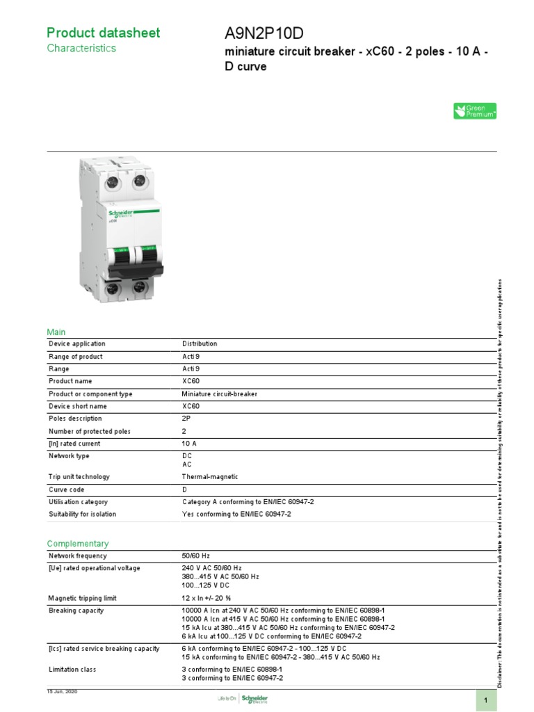 Miniature Circuit Breaker - Acti 9 xC60 MCBs - A9N2P10D | PDF | Alternating Current | Power ...