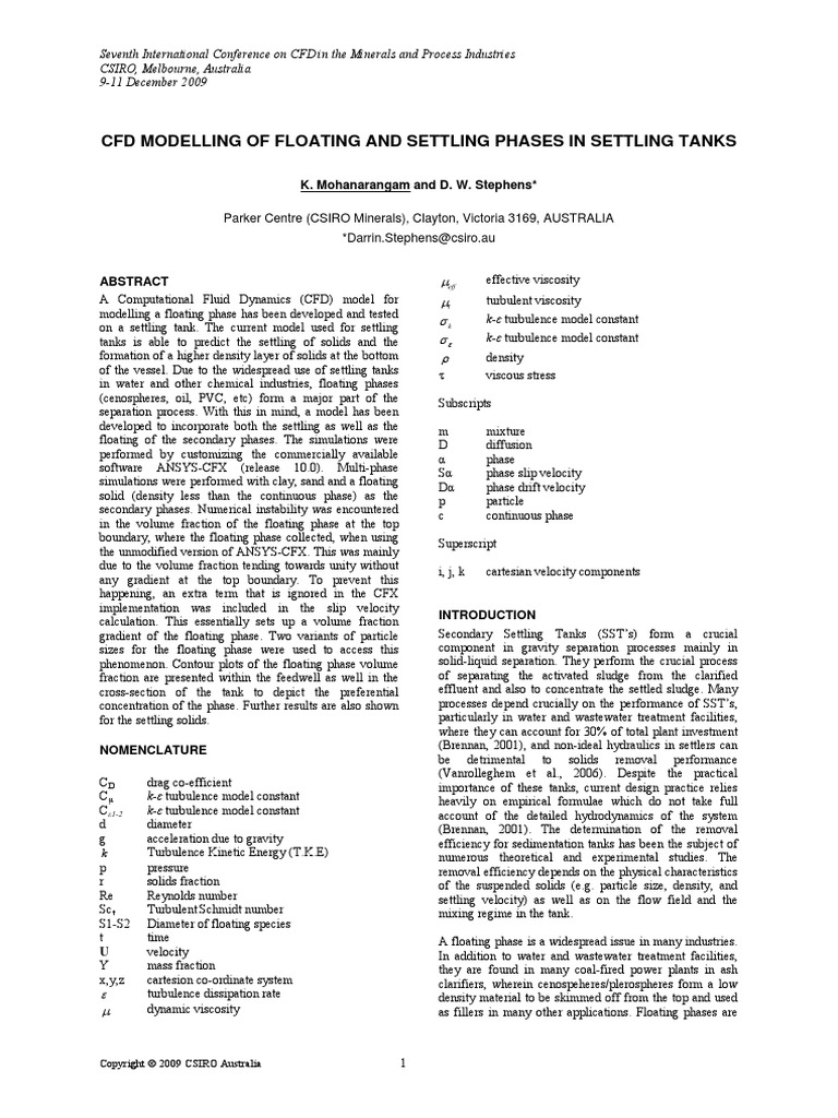 CFD Modelling of Floating and Se Ttling Phases in Settling Tanks | PDF ...