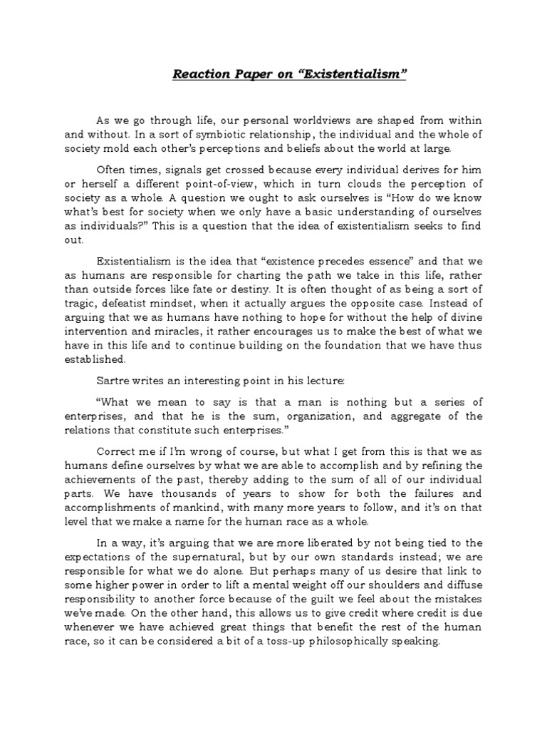 Existentialism Reaction Paper | PDF | Existentialism | Human