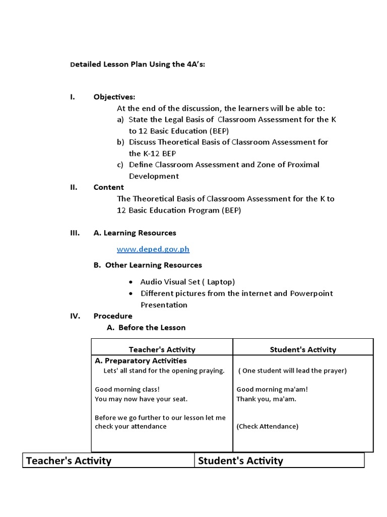 Etailed Lesson Plan Using The 4a's:: Teacher's Activity Student's ...