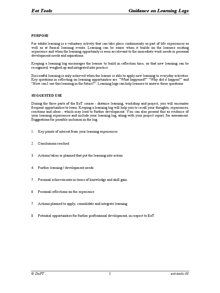 Eot Tools Guidance On Learning Logs: Purpose | PDF | Neuropsychology ...