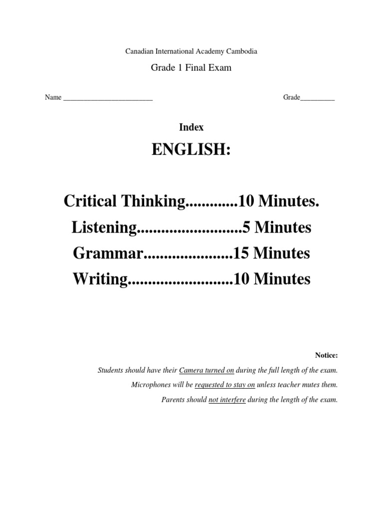 Grade 1 English Final Exam Paper | PDF | Noun | Plural
