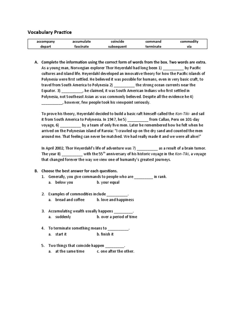 Vocabulary Practice: A. Complete The Information Using The Correct Form ...