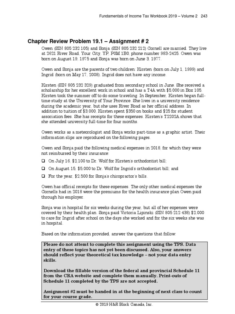 Chapter Review Problem 19.1 - Assignment # 2: Fundamentals of Income Tax Workbook 2019 - Volume ...