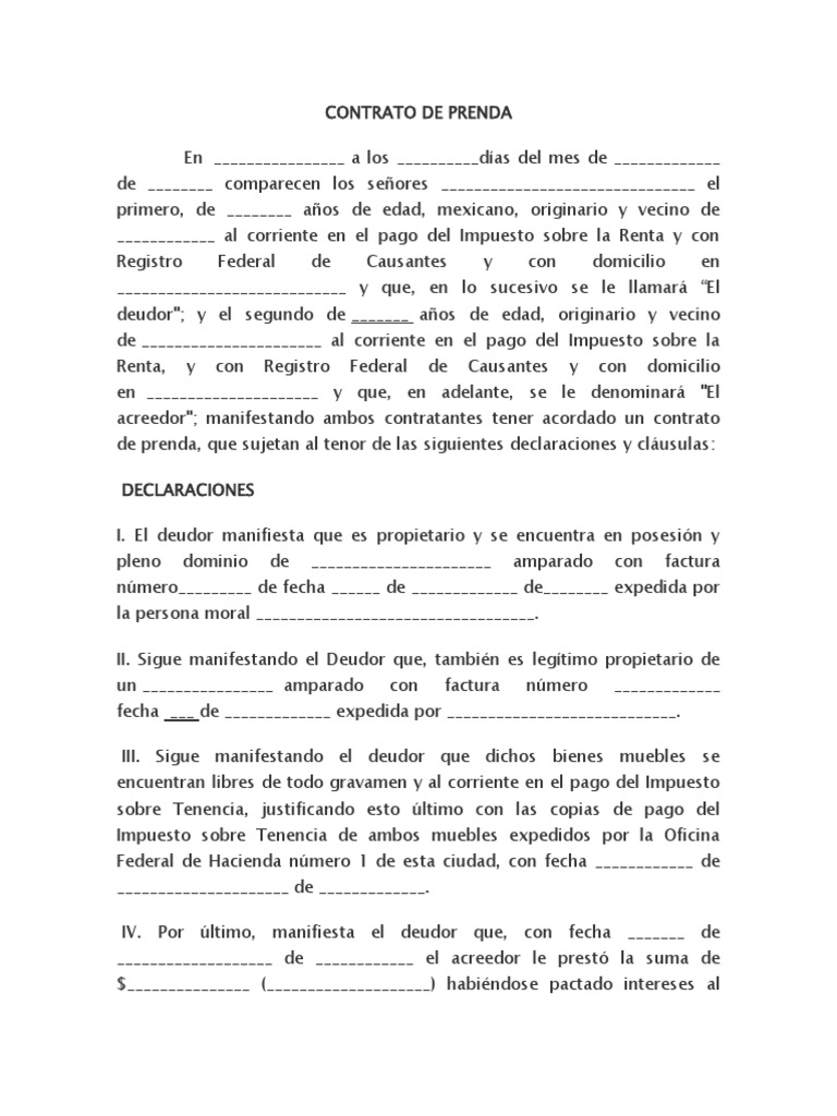 Contrato de Prenda: Términos y Cláusulas | PDF | Pagos | Información ...
